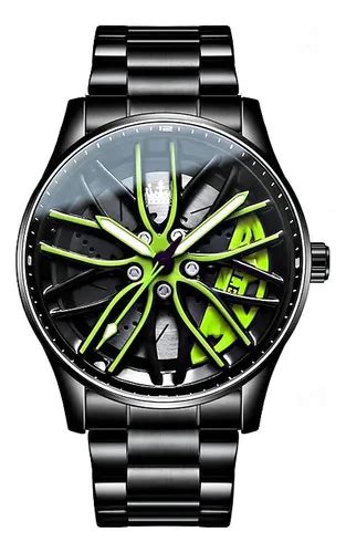 Reloj Llanta De Auto Giratoria Olevs Con Caja Negro Negro Verde Lima