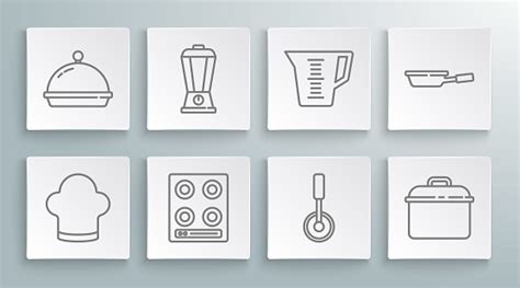 세트 라인 요리사 모자 믹서기 가스 렌지 피자 나이프 요리 냄비 계량 컵 프라이팬 및 음식 아이콘 트레이로 덮여 있습니다 벡터 가열장치에 대한 스톡 벡터 아트 및 기타