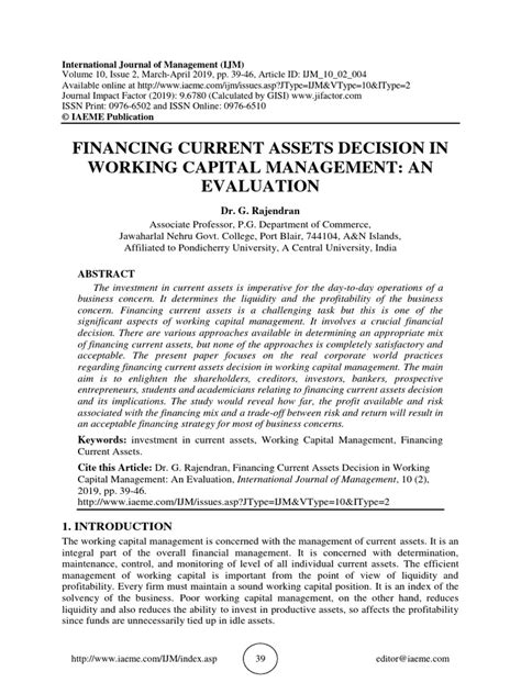 Financing Current Assets Decision In Wor Pdf Working Capital