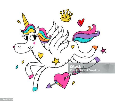 날개가 달린 달리는 마술 유니콘의 일러스트 벡터 뿔만화 영웅 귀여운 말 가와이이 캐릭터 신화 생물 순결을 상징한다 여자를위한 스티커 0명에 대한 스톡 벡터 아트 및 기타