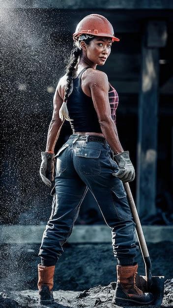 Premium Photo Sexy Female Miner Worker With Pickaxe In Coveralls Over