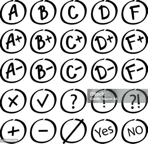 성적 결과 아이콘 집합입니다 손으로 그린 벡터는 원으로 등급이 매겨집니다 검사 결과 표지판 교육 학교 그래픽 검은 색 학년