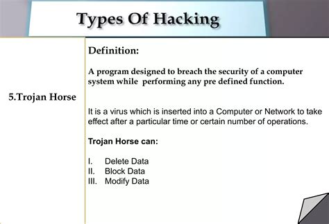 Hackinghistory Of Hackingtypes Of Hackingtypes Of Hackerscyber Laws For Hacking Pptx