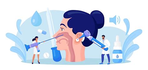 이비인후과 개념 귀 코 인후 목 의 질병을 치료하는 Ent 의사 의료 기기를 가진 이비인후과 의사가 환자를 검사합니다 연고 절차 나소바린스 부비동 귀 스펙큘라 이비인후과