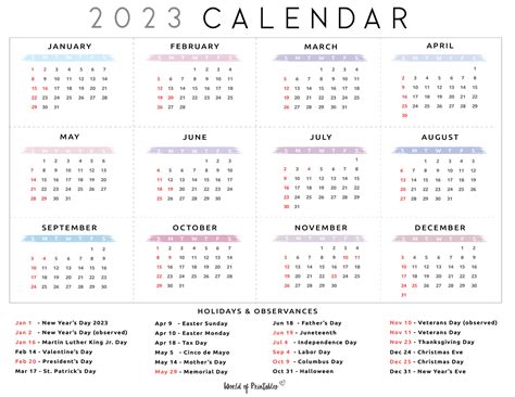 2023 Calendar With Holidays World Of Printables