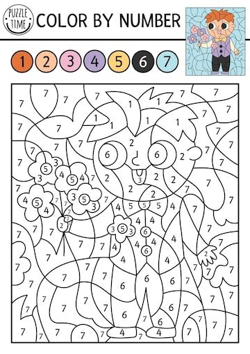 꽃과 함께 스마트 슈트를 입은 귀여운 소년과 함께 숫자 활동 터 색상 결혼식 장면 검은색과 색 카운팅 게임 또는 어린이를위한 작은 결혼 손님과 함께 컬러 페이지 Xa