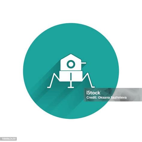 긴 그림자로 고립 된 흰색 화성 로버 아이콘입니다 우주 로버 문워커 사인 행성 표면을 연구하기위한 장치 녹색 원 버튼입니다 벡터 일러스트레이션 과학에 대한 스톡 벡터 아트