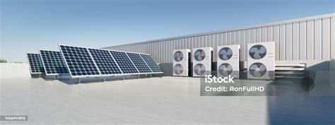 옥상에 태양 전지판 응축기 장치 또는 압축기에 있는 광전지의 3d 렌더링 미래를 위한 시스템 기술로 에코 빌딩 전력 또는 직류 전기를 생성합니다 산업에 대한 스톡 사진 및