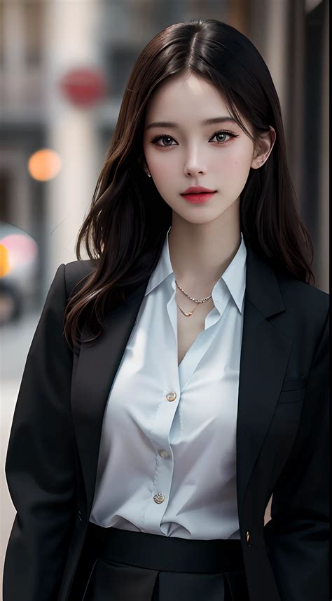 여성이 정장과 흰색 셔츠를 입고 있는 근접 촬영 Seaart Ai