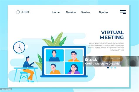 화상 회의 그림입니다 동료와 함께 컴퓨터 화면을 보는 사람들 화상 회의 및 온라인 모임 작업 영역 벡터 페이지 개념에 대한 스톡