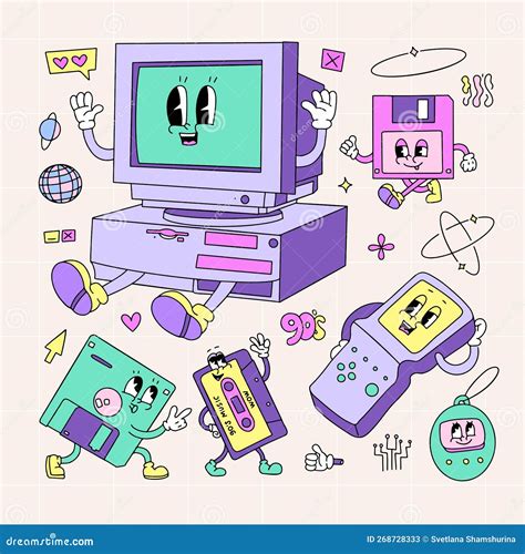 Various Retro Electronic Storage Devices Characters Set Groove 90s Cartoon Style Mascots Of