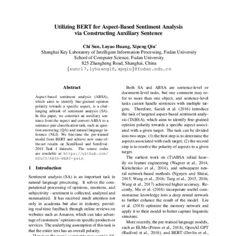 Utilizing Bert For Aspect Based Sentiment Analysis Via Constructing Auxiliary Sentence Acl