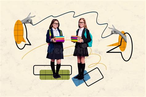 Composite Photo Collage Of Two Happy School Girls Classmates Hold Book
