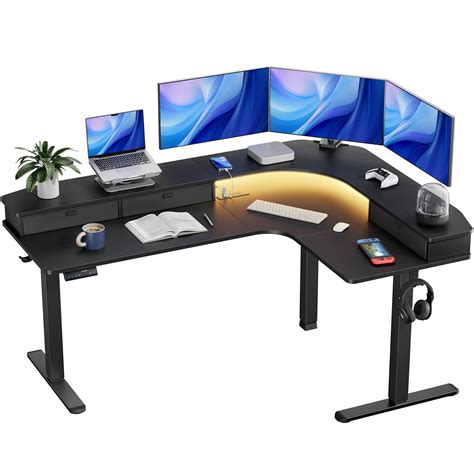 Huanuo 65″ L Shaped Standing Desk With Power Outlets And Led