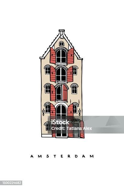 네덜란드 암스테르담의 주황색 셔터가 있는 오래된 베이지색 집입니다 손으로 그린 포스터 템플릿입니다 벡터 그림 0명에 대한 스톡 벡터 아트 및 기타 이미지 Istock
