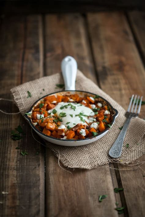 Spiced Sweet Potato And Goat Cheese Egg Skillet