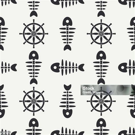 플랫 라인 흑백 벡터 원활한 패턴 바다 물고기 뼈 스티어링 휠과 뼈대 레트로 만화 스타일입니다 해골입니다 바다 낙서 예술입니다