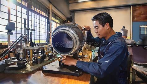 Focused Craftsman Assembling Industrial Component A Detailed Workshop Scene Stock Illustration