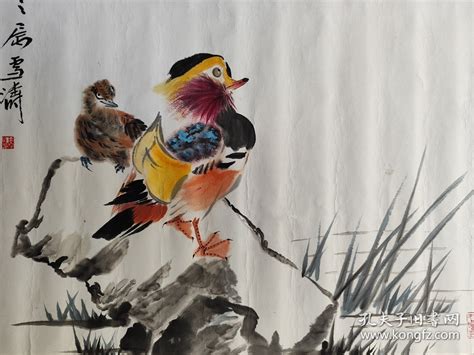 1842号卷轴横幅国画写意花鸟野趣 池塘鸳鸯 画心6144cm 作者王雪涛 之属 雪涛 印幽意在鸣琴 1842号卷轴横幅国画写意花鸟野趣