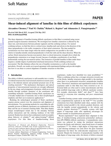 Pdf Shear Induced Alignment Of Lamellae In Thin Films Of Diblock Copolymers
