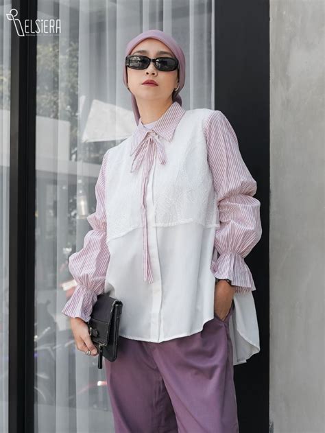 Jual Elsiera Urisha Shirt Kemeja Atasan Wanita Katun Garis Brukat Pita Blush Shopee Indonesia