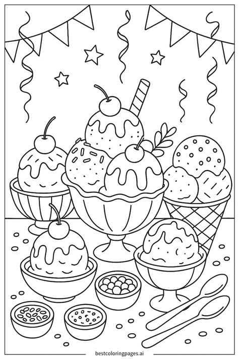 Ice Cream Sundae Celebration Coloring Page Free Printable