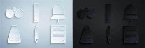 세트 펜 링링 벨 학교 배낭 체크 마크가있는 시험 시트 눈금자 및 알람 아이콘 벡터 3차원 형태에 대한 스톡 벡터 아트 및 기타 이미지 Istock