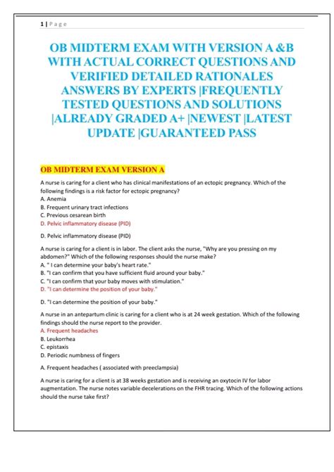 OB MIDTERM EXAM WITH VERSION A B WITH ACTUAL CORRECT QUESTIONS AND VERIFIED DETAILED RATIONALES