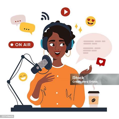 헤드폰을 끼고 팟캐스트를 녹음하는 쾌활한 흑인 여성 오디오 스트리밍 및 디지털 방송 개념 플랫 벡터 일러스트 레이 션 노트북에 대한 스톡 벡터 아트 및 기타 이미지 Istock