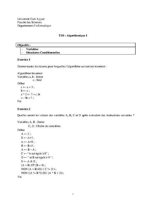TD ALGO td algo s Université Cadi Ayyad Faculté des Sciences Département dinformatique