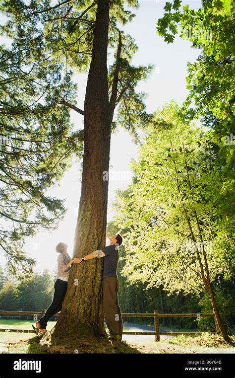 Couple Hugging Tree Stock Photo Alamy