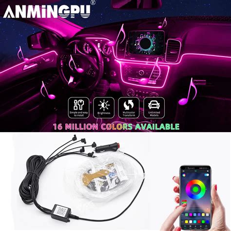 Anmingpu 자동차 Led 엠비언트 인테리어 조명 앱 컨트롤 자동차 6in1 Rgb 네온 광섬유 무드등 스트립 조명 데코레이션 램프 앱 제어 Aliexpress