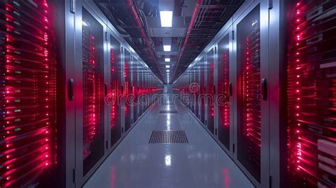 High Tech Data Center Aisle Featuring Illuminated Server Racks At Night