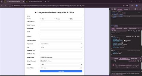 College Admission Form Using Html And Css Web Development