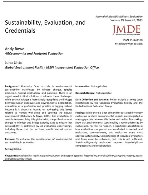Sustainability Evaluation And Credentials Journal Of Multidisciplinary Evaluation