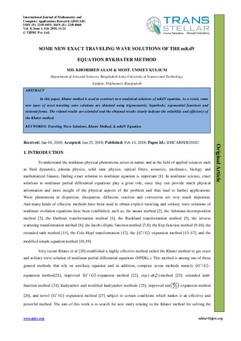 Pdf Some New Exact Traveling Wave Solutions Of The Mkdv Equation Bykhater Method Tjprc