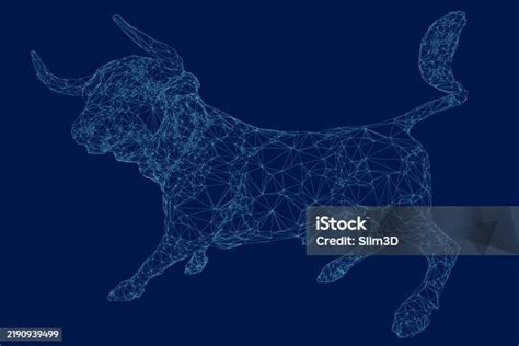 Wireframe 마스코트 의 달리는 화난 황소 버팔로 블루 라인 아트 벡터 일러스트 레이 션 0명에 대한 스톡 벡터 아트 및