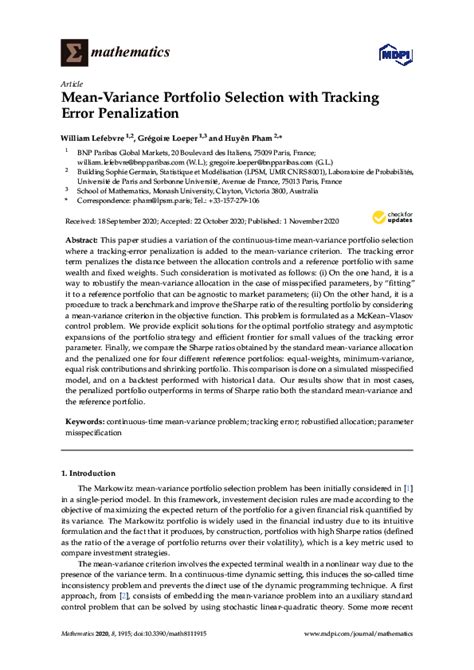 Pdf Mean Variance Portfolio Selection With Tracking Error Penalization