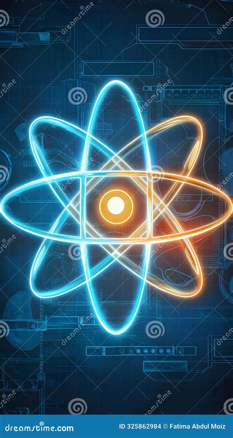 Vibrant Atom Structure In Blue And Orange Technical Blueprint Background Intricate Depiction