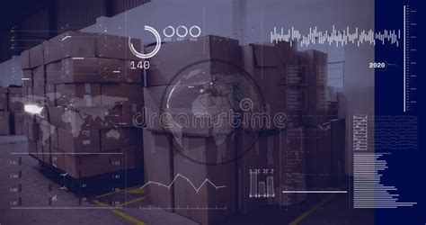 Animation Of Map Globe Loading Circles Graph Computer Language Over Cardboard Boxes In