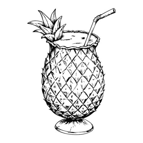 색 배경 에 이 있는 파인애플 모양 의 유리잔 에 있는 피나 콜라다 의 스케치 프리미엄 벡터