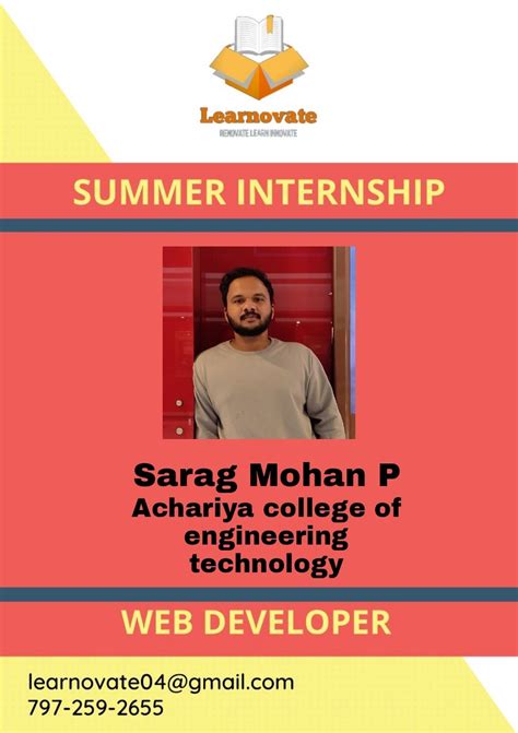 Sarag Mohan P On Linkedin Webdeveloper Internship Thankyou Developer