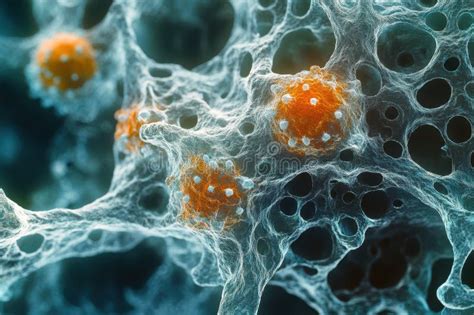 Cellular Structure Under Microscopic Lens Showcases Vibrant Orange Elements At A Close Range