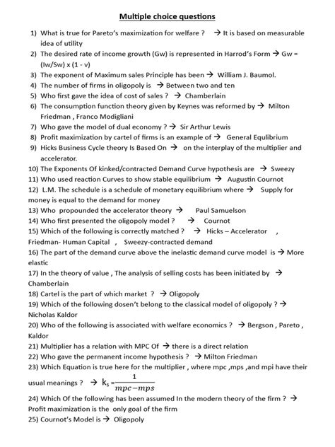 Multiple Choice Questions Pdf Economic Equilibrium Oligopoly