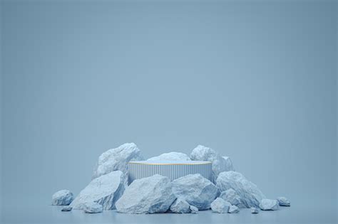 브랜딩 및 포장 프리젠 테이션을위한 황금 대리석 질감의 고급 모형 연단 하늘 파란색 돌 천연 얼음 받침대 개념 냉동 최소 설계 개념 3d 렌더링 3d 일러스트레이션 연단에