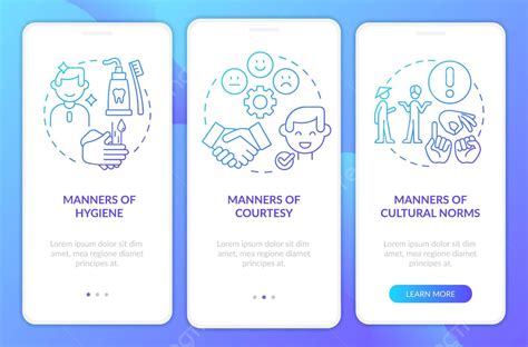 Onboarding Screen Of A Mobile App With Blue Gradient Showcasing Different Etiquette Categories