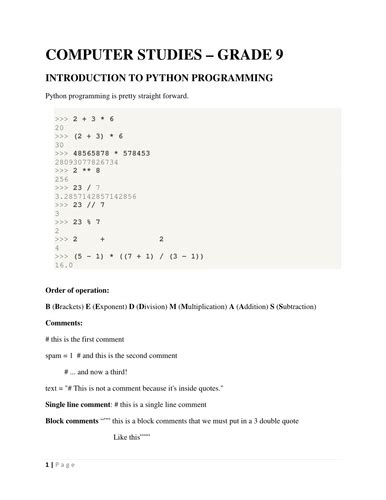 Python Programming For Beginner Teaching Resources