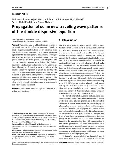 Pdf Propagation Of Some New Traveling Wave Patterns Of The Double