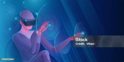 가상 현실 헬멧의 여자는 그녀의 손으로 가상 인터페이스 버튼을 터치합니다 통신 게임 창의성에 대한 현대 기술의 벡터 이미지 파란색 톤의 배너입니다 가상현실 시뮬레이터에 대한