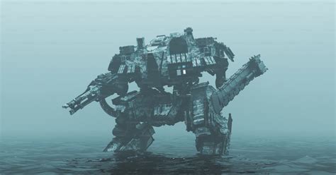 안개가 자욱한 흐린 환경에서 물 속에 서 있는 빛나는 렌즈를 가진 미래의 Ai 전투 드로이드 사이보그 기계 3d 그림 3d 렌더링 사진 Unsplash의 전투 이미지